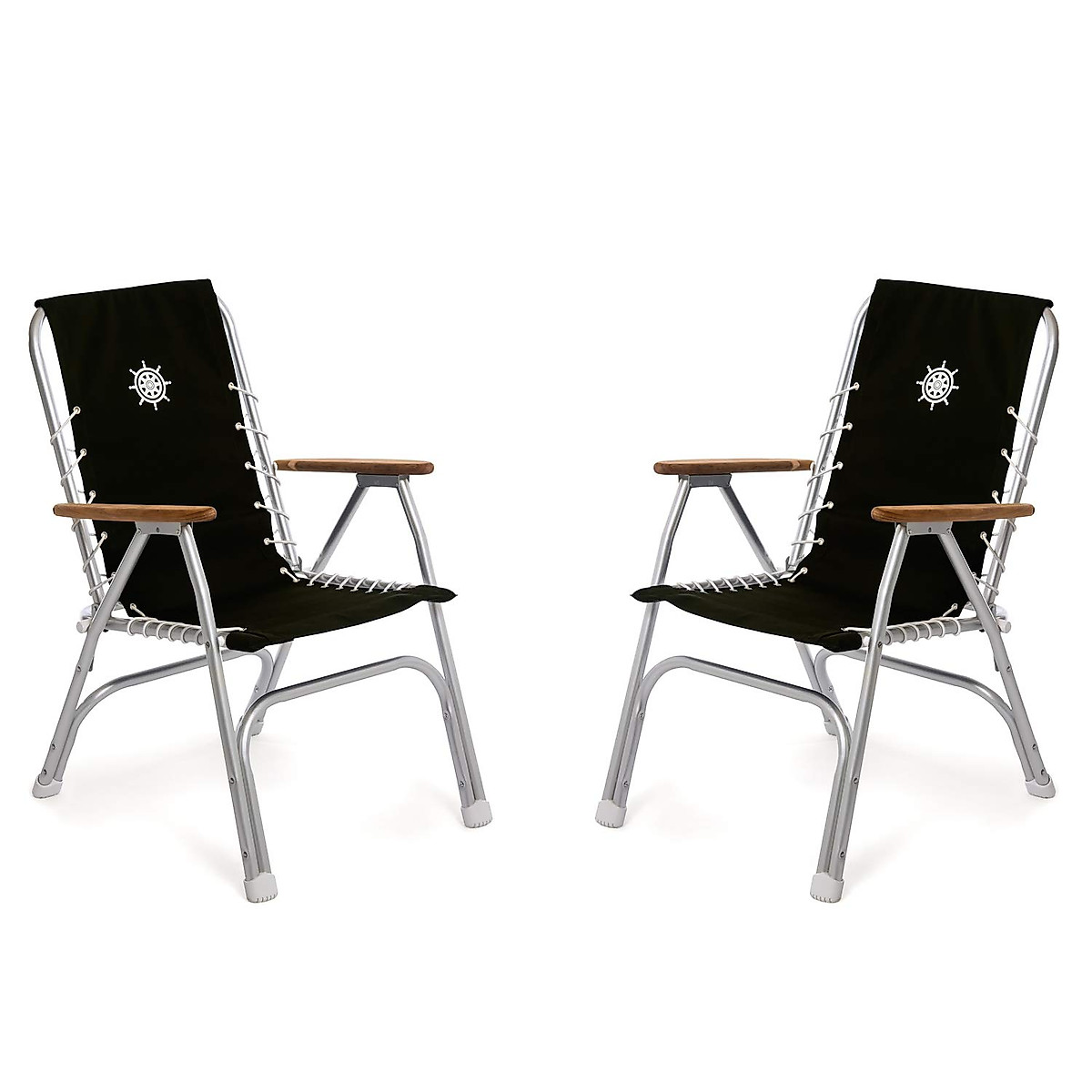 FORMA MARINE Boat Chairs High Back Black Deck Folding Marine Aluminum Teak Furniture Set of 2 M150BL