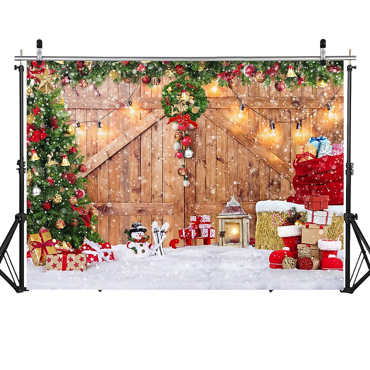 SJOLOON Rustic Christmas Barn Wood Door Backdrop for Photography Xmas Tree Snow Gift Wall Floor Party Photo Background Winter Holiday Family Supplies Banner Decoration Studio Props 12391 (7x5FT)