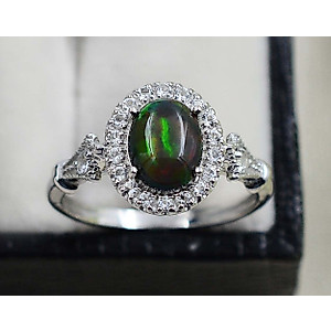 Gemstone 925 Solid Silver 9X7 MM Natural Black Opal Oval October Birthstone Solitaire Unisex Ring For Wedding Gift (Rhodium Plated Silver, 6)
