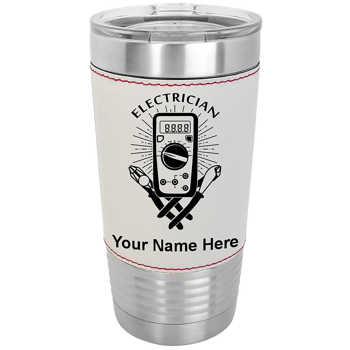 LaserGram 20oz Vacuum Insulated Tumbler Mug, Electrician, Personalized Engraving Included (Faux Leather, Baseball Style)