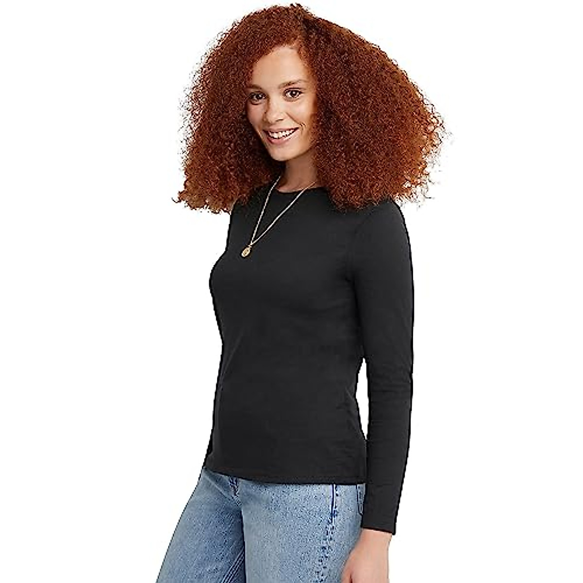 Hanes Women's Originals Long Sleeve Cotton T-Shirt, Lightweight Crewneck Tee, Modern Fit, Ebony, Small