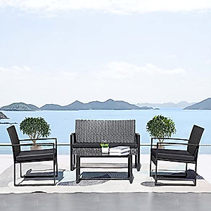 Flamaker 4 Piece Patio Furniture Outdoor Rattan Conversation Bistro Set with Cushion Porch Furniture Metal Patio Table and Chairs for Poolside, Backyard, Balcony (Black)