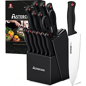 Astercook Knife Set with Built-in Sharpener Block, Dishwasher Safe Kitchen Knife Set with Block, 14 Pcs High Carbon Stainless Steel Block Knife Set with Self Sharpening and 6 Steak Knives, Black
