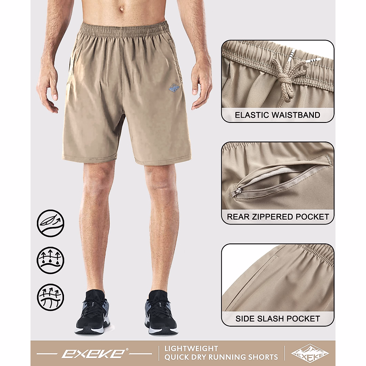 EXEKE Men's Quick Dry Running Shorts Lightweight Gym Workout Shorts with Zipper Pockets 252-3XL/Khaki 34-36