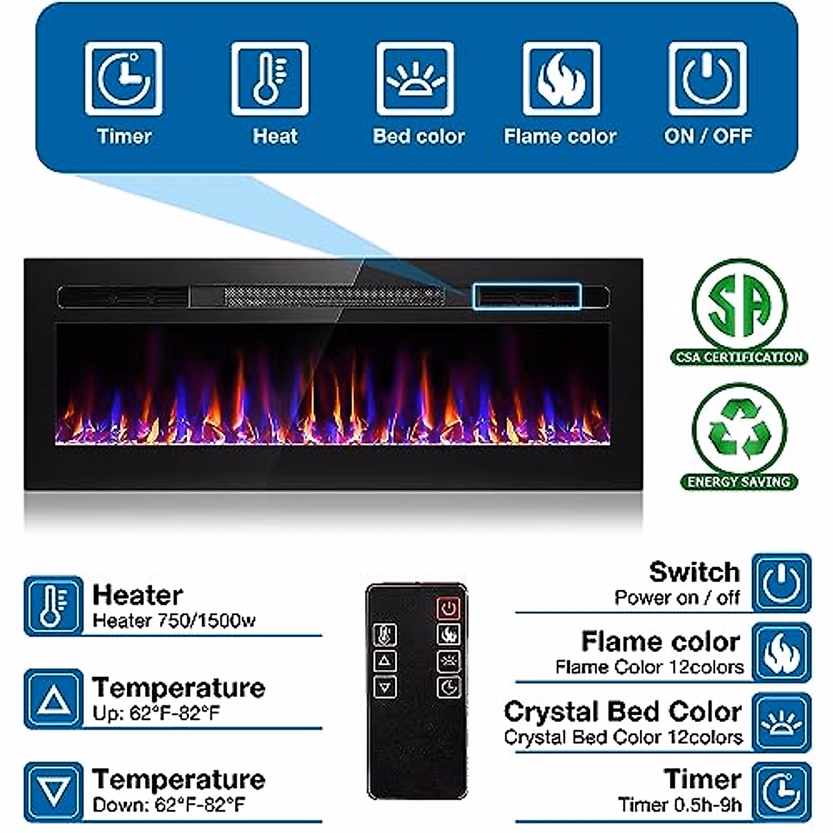 50 Inch Electric Fireplace Recessed and Wall Mounted, Fireplace Heater and Linear Fireplace, Ultra-Thin Electric Fireplace, Low Noise, with Timer, Remote Control, Adjustable 12 Flame Color, 750/1500W