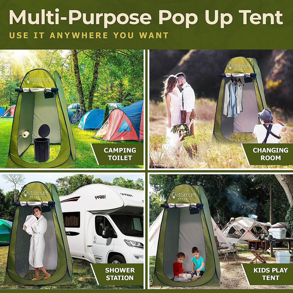 Outsmart Gadgets Portable Toilet Kit For Adults with Camping Night Lantern, Folding XL Toilet Seat, Pop Up Privacy Tent and Carry Bags, Multipurpose Potty, Washable Foldable for RV and Travel