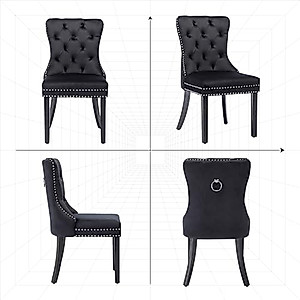 GOOLON Velvet Dining Chair Set of 2 Wingback Tufted Chairs for Dining Room Upholstered Dining Chairs with Nailhead Rivet Trim Design Pull Ring on Backrest Wood Legs for Kitchen Dining Room Black