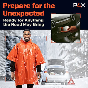 PREPARED4X Emergency Rain Poncho with Mylar Survival Blanket Liner for Car - Heavy Duty, Waterproof Camping Gear, Tactical Prepper Supplies– 4 Pack (Orange)