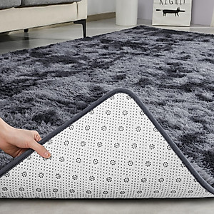 TWINNIS 4x6 Large Shag Area Rugs for Living Room Bedroom, Tie-Dye Dark Grey Indoor Super Soft Fuzzy Plush Rugs, Upgrade Anti-Skid Modern Rugs Fluffy Carpets for Kids Room Nursery Home Decor