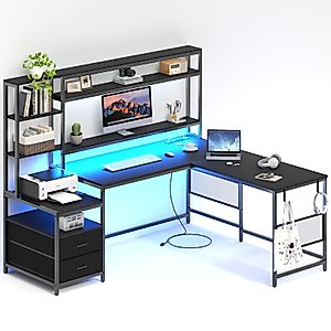 YOMILUVE L Shaped Desk with Drawers & Storage Shelves, Reversible Gaming Desk with Power Outlets, Corner Computer Desk with LED Lights & Hutch, Study Writing Workstation for Home Office (Black)