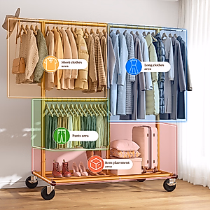 Raybee Gold Clothing Rack Heavy Duty Clothes Rack with Wheels Rolling Clothing Racks for Hanging Clothes for Walk-in Closet, Bed Room, Laundry Room,Commercial,17.7" D x 69.1" W x 71.9" H, Gold