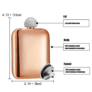 Hillside-Kit Booze Shot Flask- AB Crystal Lid Creative 304 Stainless Steel Wine Alcohol Liquor Flask for Women Girls Men Party Hand size Flask-6OZ