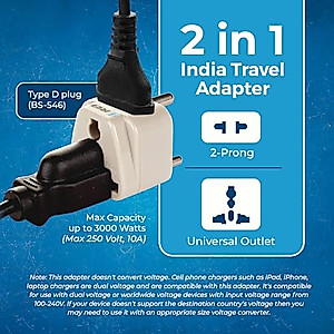 OREI USA to India Plug Adapter - Type D Plug Adapter - 2 in 1 - CE Certified - RoHS Compliant - Beige (DB-10)