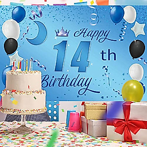 Sweet Happy 14th Birthday Backdrop Banner Poster 14 Birthday Party Decorations 14th Birthday Party Supplies 14th Photo Background for Girls,Boys,Women,Men - Blue 72.8 x 43.3 Inch