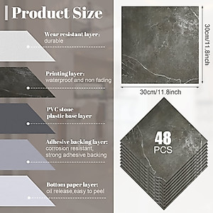 48 Pieces Vinyl Flooring Peel and Stick Floor Tile Stick on Floor Tile Self Adhesive Waterproof Bathroom 12 x 12 Inch for Bathroom Kitchen Bedroom Living Room(Gray Marble)