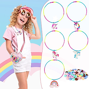FLYINGSEEDS Unicorn Jewelry Making Kit, 5 Rubber Necklaces and Charms with 100 Big Holes Beads Toy Set, Beading Arts and Crafts, Ideal Gifts for Girls Preschoolers Toddlers Kids Age 3 4 5 6 7 8 9 10
