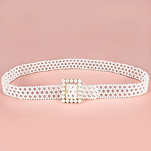 Barry.Wang Wide Belt for Women Fashion Wedding Sash Dress Pearls Belt Square Buckle Elastic Waist Chain