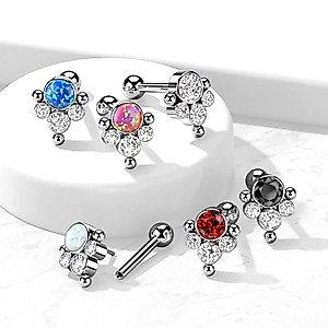 Pierced Owl 16GA G23 Implant Grade Titanium Synthetic Opal with CZ Crystal Ball Cluster Threadless Push-in Barbell (Blue)