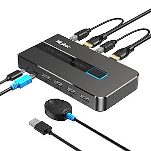 4K HDMI KVM Switch 2 Port, 4K@60Hz USB KVM Switch for 2 Computers 1 Monitor, w/2 KVM Cables & Wired Selector & 4 USB 2.0 Hubs