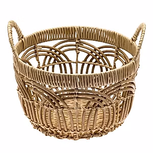 Handmade Woven Round Plastic Basket with Handle - Home Organizing, Storage Baskets, Shelf Basket, Cloth Storage, Toy Storage, Decorative Storage - Medium