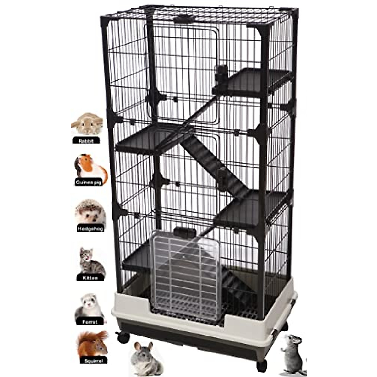 Large 5-Level Indoor Small Animal Pet Cage for Guinea Pig Ferret Chinchilla Cat Playpen Rabbit Hutch with Solid Platform & Ramp, Leakproof Litter Tray, 2 Large Access Doors Lockable Casters