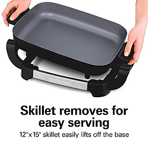 Hamilton Beach Electric Skillet with PFAS-Free Durathon Ceramic Coating, Removable 12x15” Pan, Adjustable Temperature, Reversible Design, Tempered Glass Lid, Black Nonstick Surface (38531)