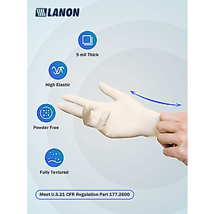 LANON 5 mil Latex Disposable Gloves, Food-Contact Grade, Powder-Free, Fully Textured, White, Large