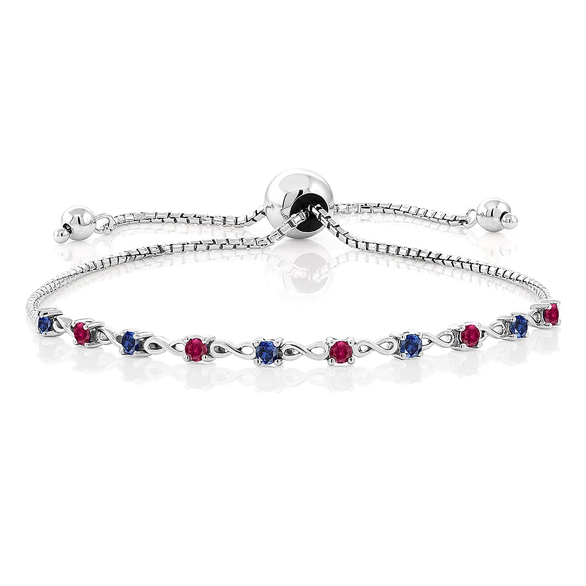 Gem Stone King 925 Sterling Silver Blue Created Sapphire and Red Created Ruby Tennis Bracelet For Women (0.55 Ct Round 2.5MM, Fully Adjustable Up to 9 Inch)