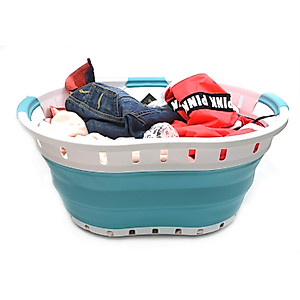 SAMMART 36L (9.5 gallon) Collapsible 3 handled Plastic Laundry Basket - Oval Basket - Foldable Storage Container/Organizer - Space Saving Laundry Hamper (2, White/Bright Blue)