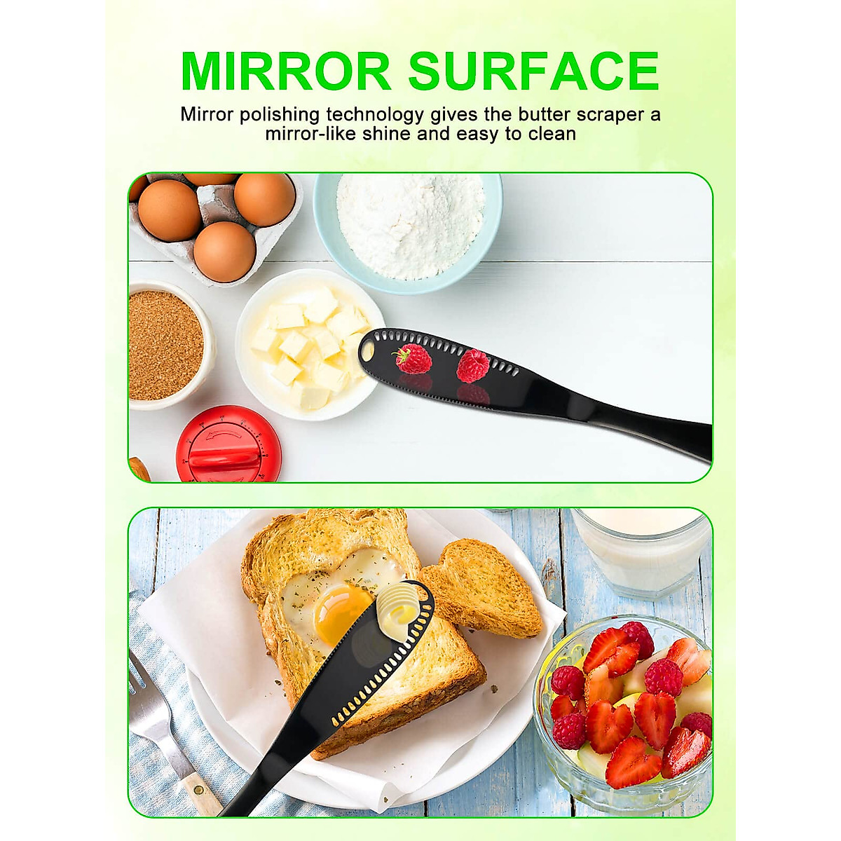 RIEOS 2 PCS Butter Spreader Knife, Stainless Steel Multi-Function Butter Knives, Black Curler with Holes & Serrated Edge, 3- in- 1 Kitchen Gadgets for Cold Butter, Bread, and Jams