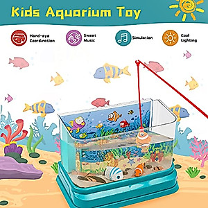 Mini Aquarium for Kids Fishing Toys Artificial Fish Tank with Moving Fish*4 with USB Light and Music Fishing Rod Fishing net