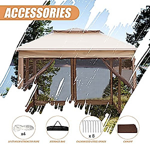 LONABR 11'X11' Pop Up Gazebo with Mosquito Netting Canopy Tent with Sidewalls, Outdoor Canopy Tent for Patio Backyard Garden, Brown