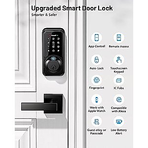 Smart Door Lock Set for Front Door, Zowill 7-in-1 Fingerprint Deadbolt with App Control, Keyless Entry Door Lock with 2 Lever Handles, Biometric,Touchscreen Keypad, Auto Lock, Matte Black