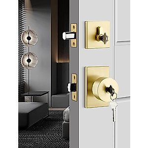 goldenwarm Keyed Alike Gold Door Knob with Deadbolt, Square Contemporary Brushed Gold Exterior Door Lock Set with Deadbolt, Heavy Duty Brass Front Entry Door Locksets with Deadbolt(1 Pack)