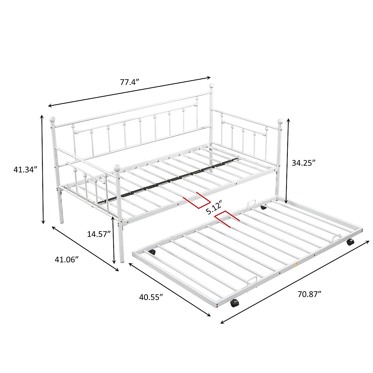 Modern Daybed with a Trundle Twin Size,Daybed Metal Frame with Pullout Trundle for Kids Teens and Adults, No Box Spring Needed,White Gray