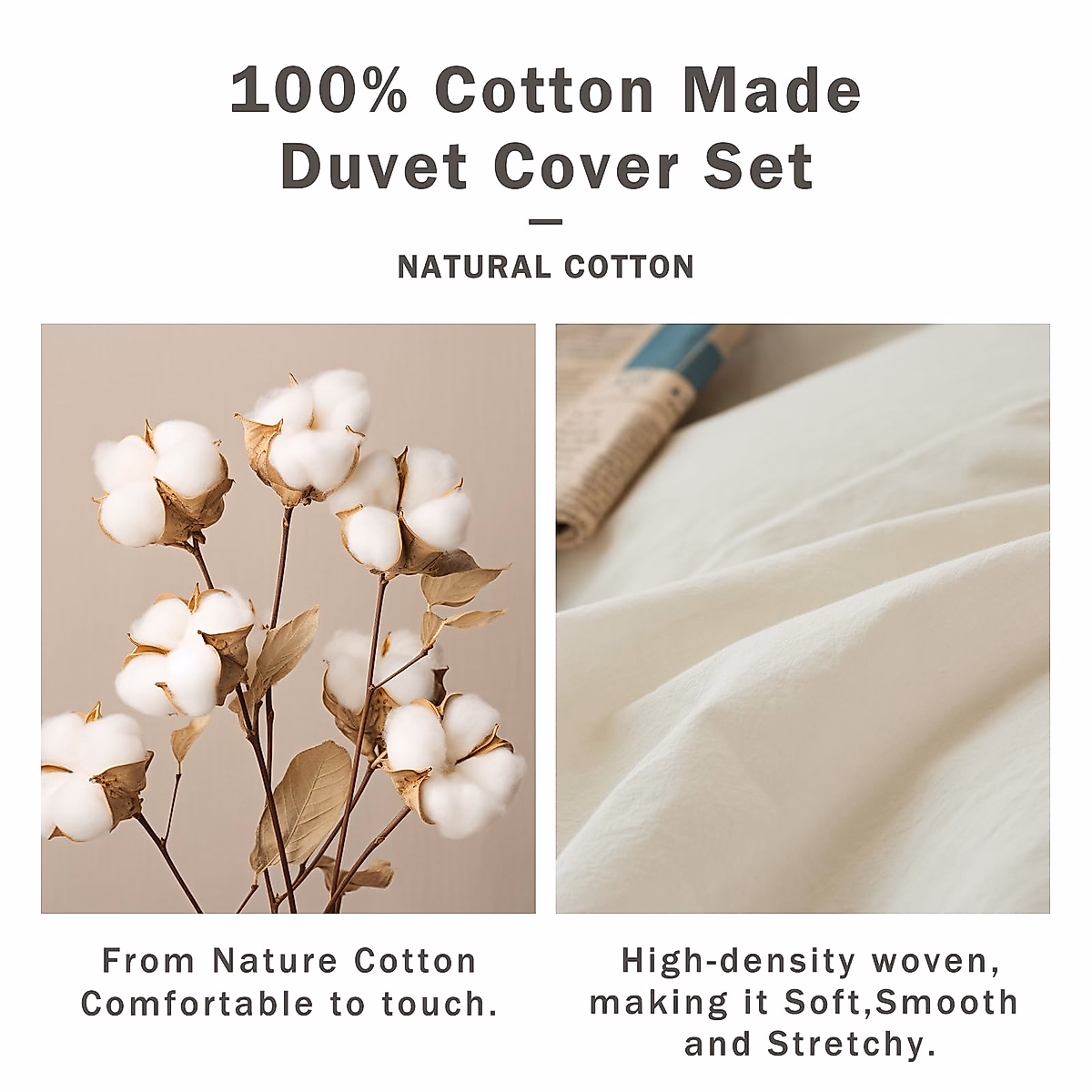 EMME White Cotton Duvet Cover Queen Size 3-Piece Set Soft Cotton Bedding Comforter Cover Full Size with 2 Pillow Shams Solid Color (White, Full/Queen)