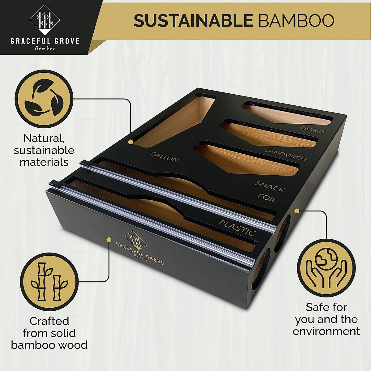 Graceful Grove Bamboo Food Bag Organizer: Kitchen Drawer Organizer with Wrap Dispenser and Cutter - Foil and Plastic Wrap Holder - Fits Gallon, Quart, Sandwich, Snack Bags, and 12" Rolls (Black)