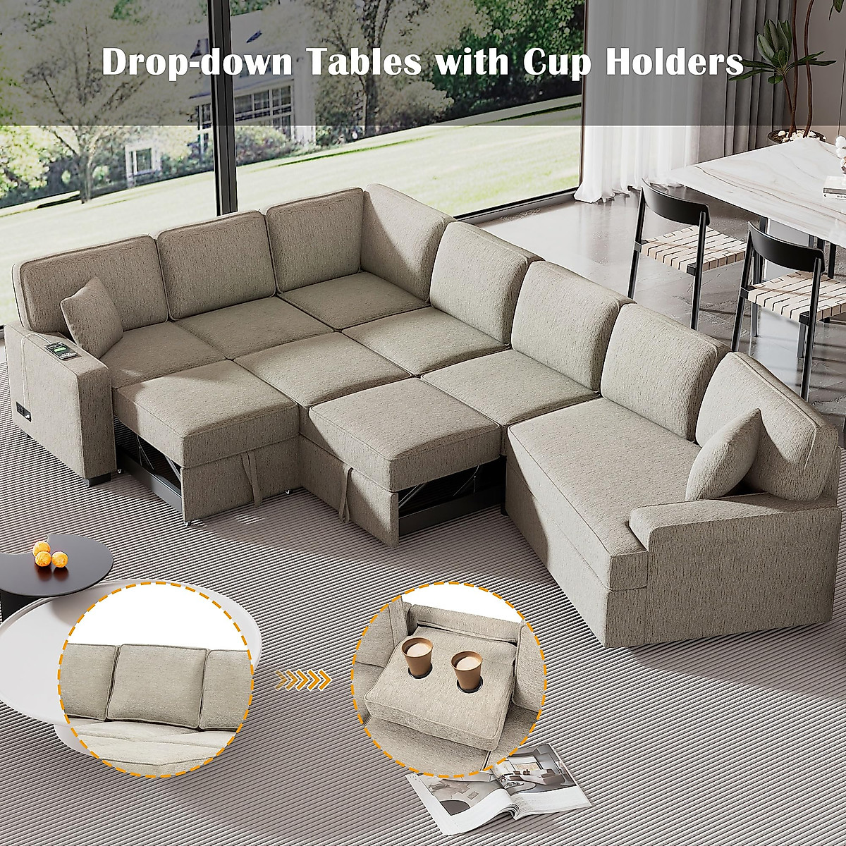 Aiuyesuo Modern 126" L-Shaped Sofa, Sectional Sofa Couch with Charging Devices, Pull-Out Sofa Bed with Cup Holders, Convertible Sectional Sofa for Living Room Apartment (Beige-193J)