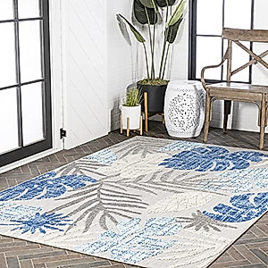 JONATHAN Y AMC113A-3 Monstera Tropical Leaf High-Low Indoor Outdoor Area-Rug, Coastal Floral Transitional Easy-Cleaning,Bedroom,Kitchen,Backyard,Patio,Non Shedding, 3 X 5, Light Gray/Navy