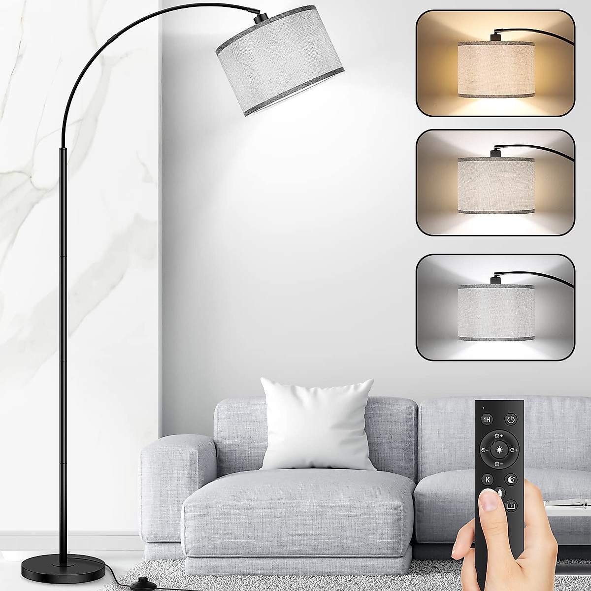 Arc Floor Lamps for Living Room, Modern Remote Control Standing Lamp with Stepless Dimmable, Black Tall Lamp with Gary Drum Shade, Over Couch Arched Reading Light for Bedroom, Office(Bulb Included)