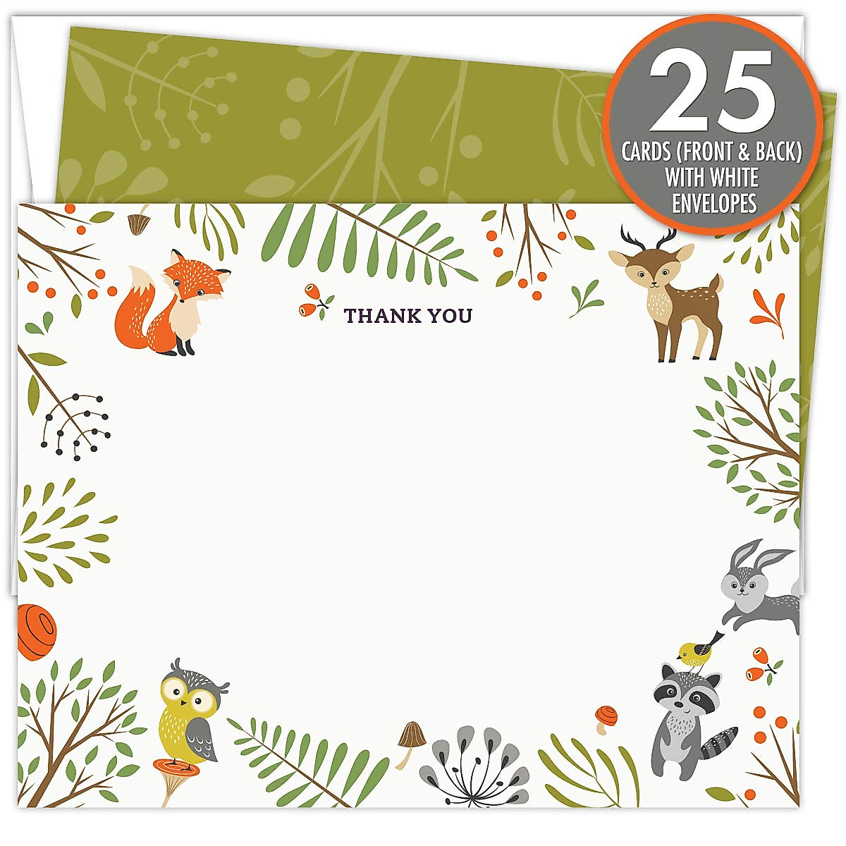 Woodland Animals Baby Shower Thank You Cards. Set of 25 5.5” x 4.25” Flat Note Cards and A2 White Envelopes. Printed on Heavy Card Stock.