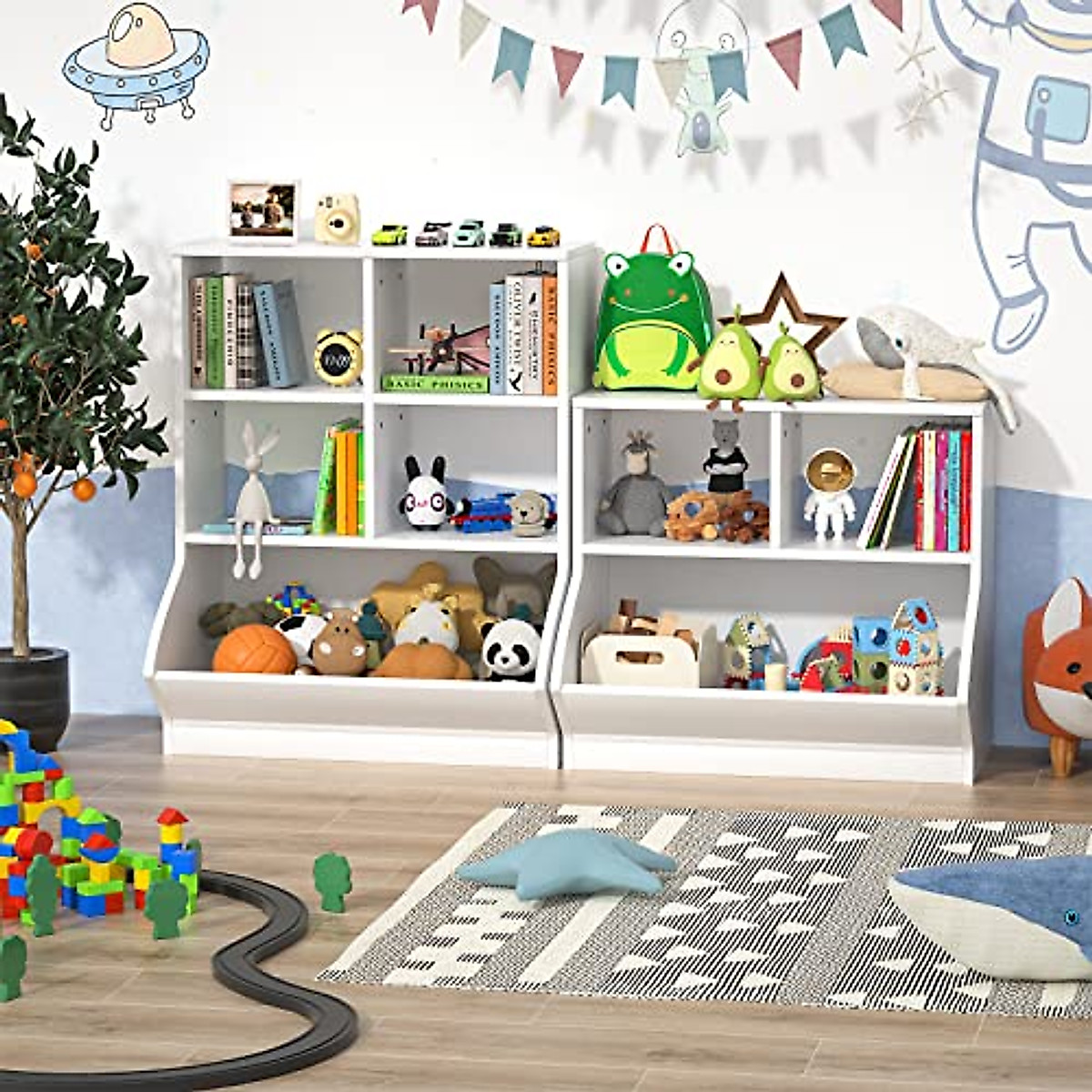 Aheaplus Toy Storage Organizer with Bookcase, 5 Cubby Bookshelf Toy Storage Cabinet, Open Multi-Bins Toys&Books Storage Display Organizer for Playroom, Bedroom, Nursery, School, White