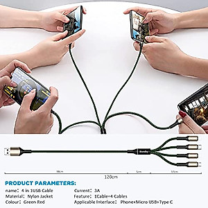 Bismdky Multi Charging Cable, 2Pack 4FT Nylon Braided Universal 4 in 1 Multiple USB Cable 3A Charging ，with Dual Phone/USB-C/Micro-USB Port Adapter Connectors for Cell Phones Tablets and More