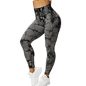 VOYJOY Tie Dye Seamless Leggings for Women High Waist Yoga Pants, Scrunch Butt Lifting Elastic Tights (#4 Black Gray, X-Large)