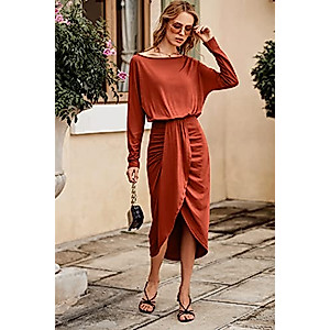 PRETTYGARDEN Women's Ruched Midi Dress Off Shoulder Long Sleeve Asymmetrical Draped Wrap Bodycon Cocktail Dresses (Brick Red,Small)