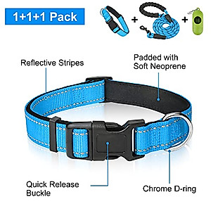 Dynmeow Reflective Dog Collar and Leash Set, Adjustable Pet Collar with Soft Neoprene Padded for Small Medium Large Dogs, Climbing Rope, Blue, S