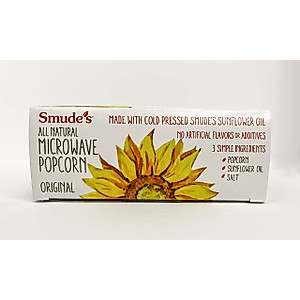 Smude's Brand All Natural Microwave Popcorn - Original | 3 Simple Ingredients – Popcorn, Smude’s Sunflower Oil, & Salt | Healthy Snack, Heart Healthy, Whole Grain | Gluten Free, Dairy Free, Non-GMO, Vegan, Kosher | PFAS-Free Bags | 1 box of 3 bags