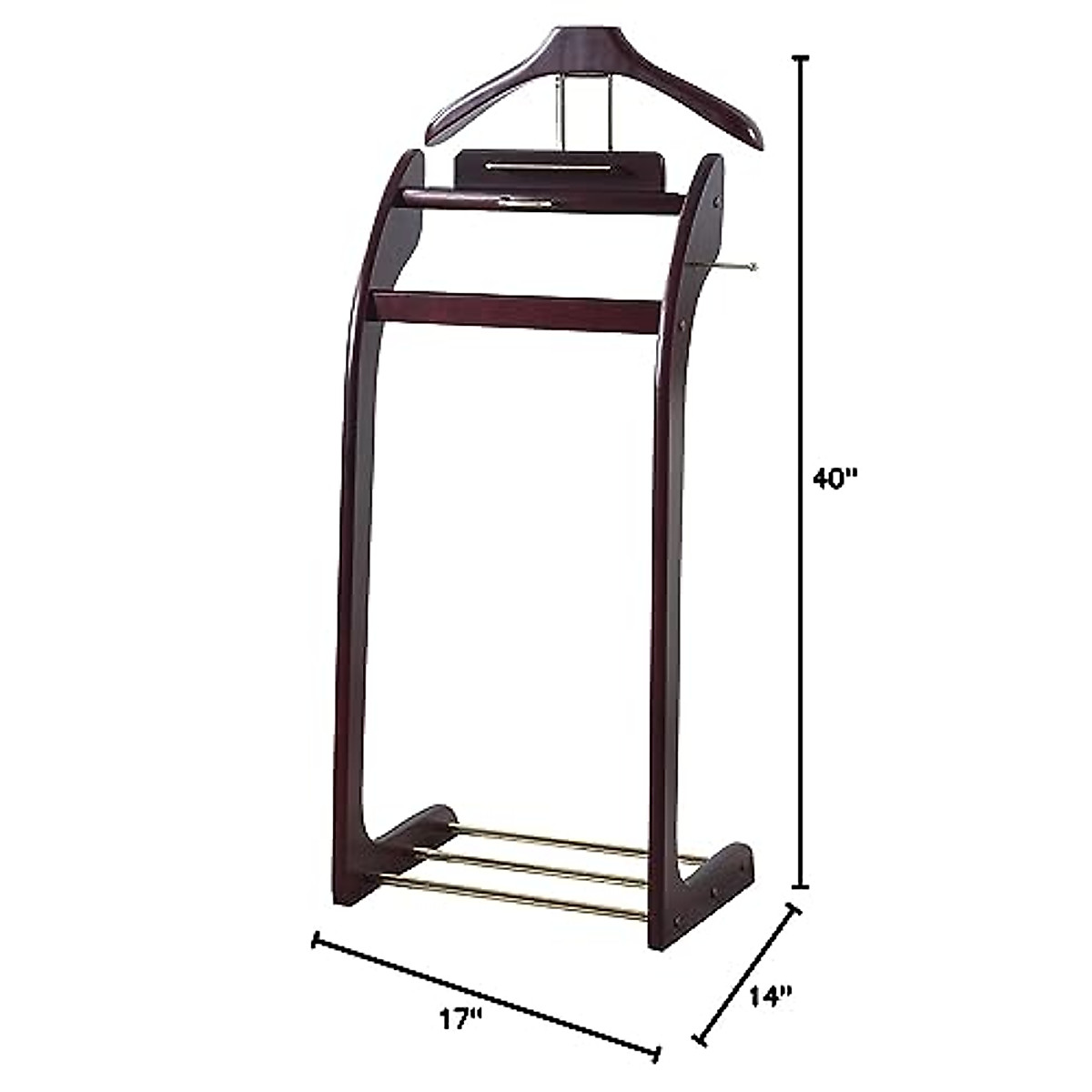 Proman Products Windsor Valet Suit Stand VL36140 with Top Tray, Contour Hanger, Trouser Bar, Tie & Belt Hooks and Shoe Rack, 17" W x 14" D x 40" H, Mahogany