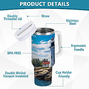 Flradish Lighthouse 30oz Tumbler with Handle and Straw Lid,Leakproof Vacuum Insulated Reusable Stainless Steel Tumbler Travel Mug Fits Cup Holder