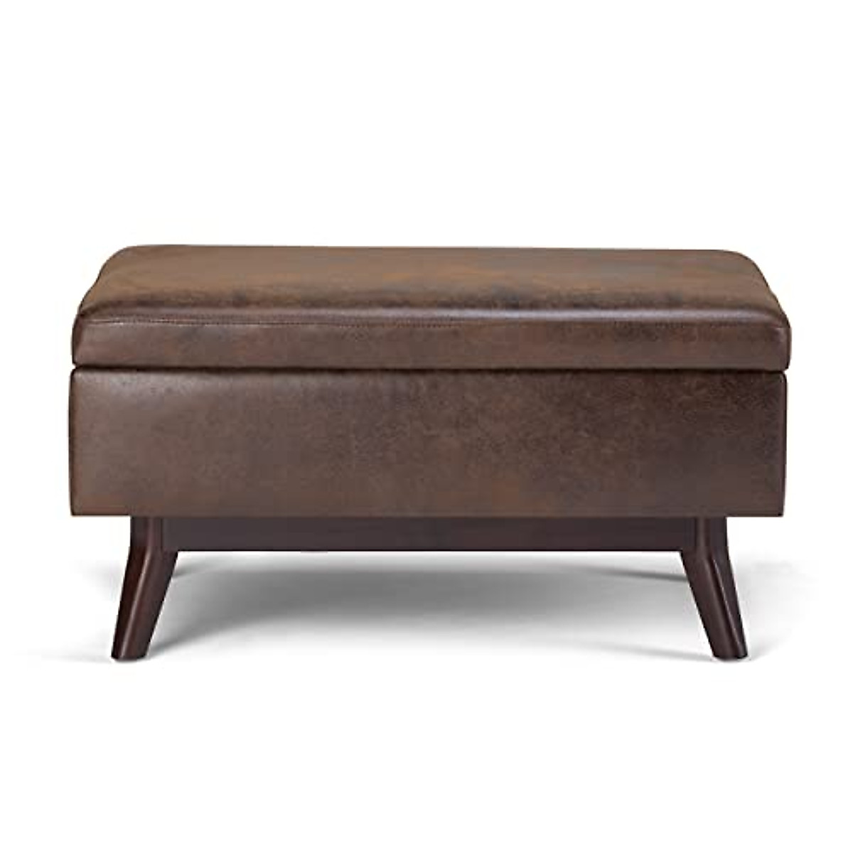 SIMPLIHOME Owen 34 Inch Wide Mid Century Modern Rectangle Coffee Table Lift Top Storage Ottoman in Upholstered Distressed Chestnut Brown Faux Leather, For the Living Room